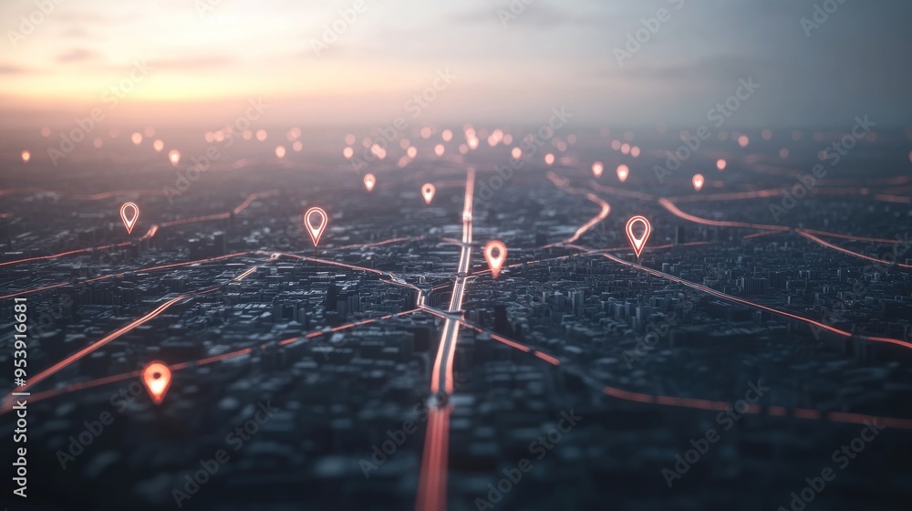 Aerial view of a city at dusk, with glowing digital location pins ...