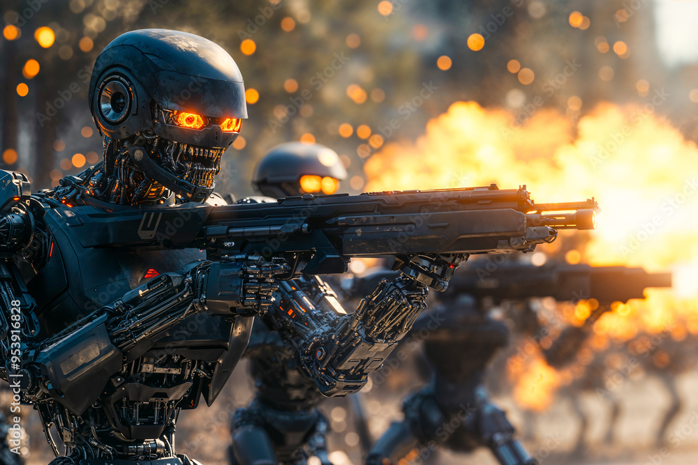 Evil AI robot army firing rifles, futuristic military technology ...