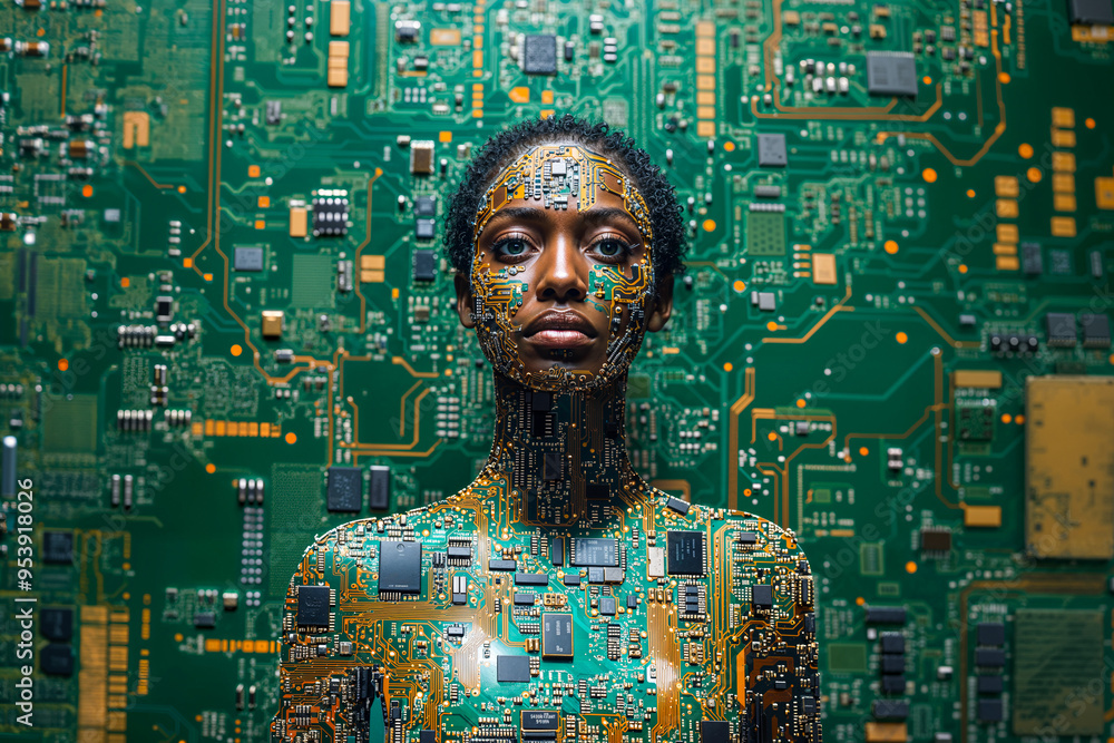 Black African American woman made of PCB printed circuit board, cyborg ...