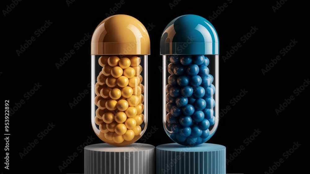 Two medical pills, yellow and blue drug gel capsules isolated on black ...