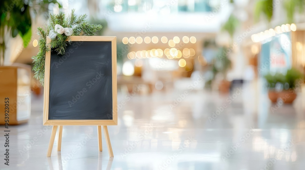 Blank blackboard signage on a stand, in a shopping mall setting, ready ...