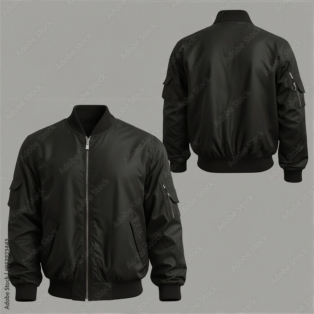 Black Bomber Jacket, mock up template, front and back view, isolated on white, plain Black ...