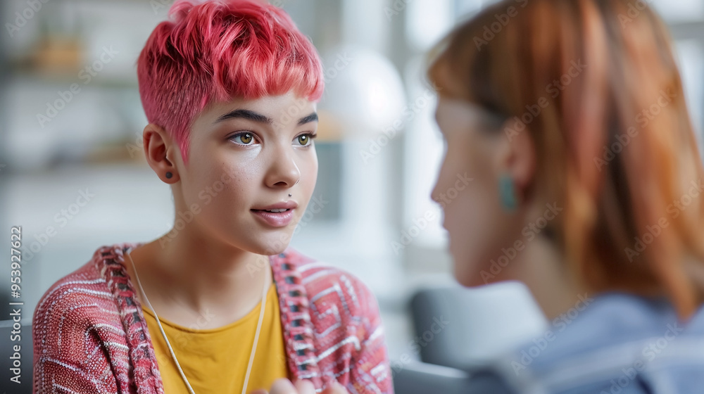 NON BINARY teenage girl at meeting with psychotherapist, therapy with ...