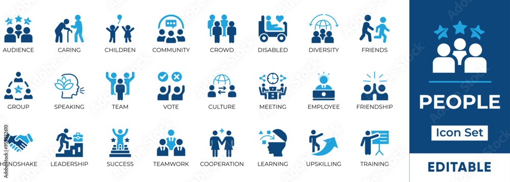 Vetor de People Icon Set. Features groups, and social interactions ...