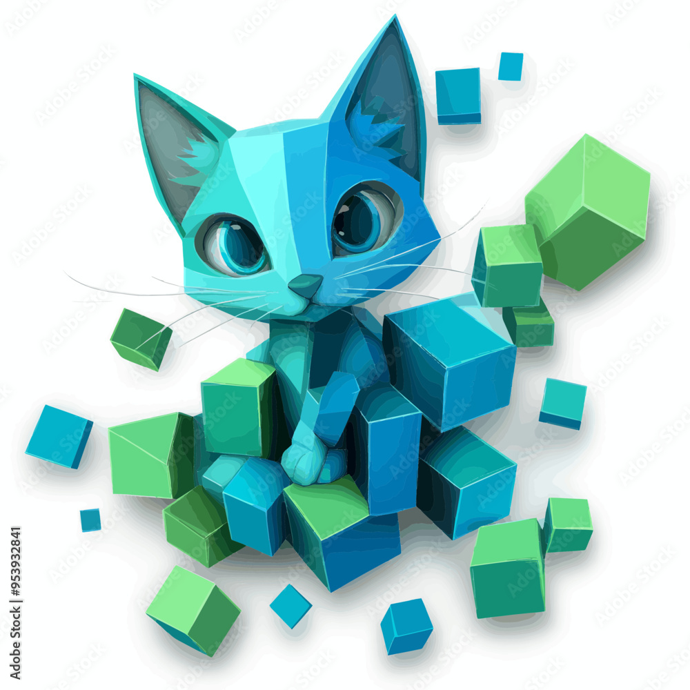 2D Vector Art of a Female Cat Playing with Vibrant Blue and green Cubes ...