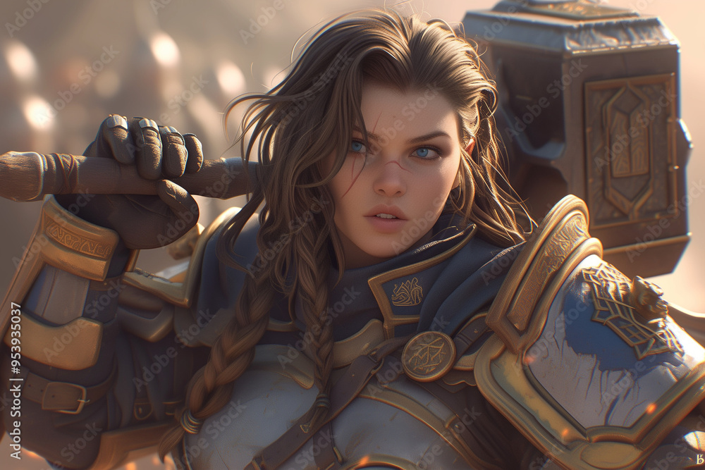 warrior dwarf woman with long braided hair and large war hammer in fur ...