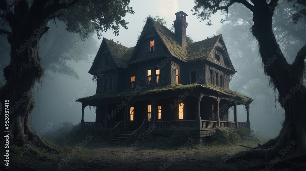 An old, abandoned haunted house is nestled deep within a dark ...