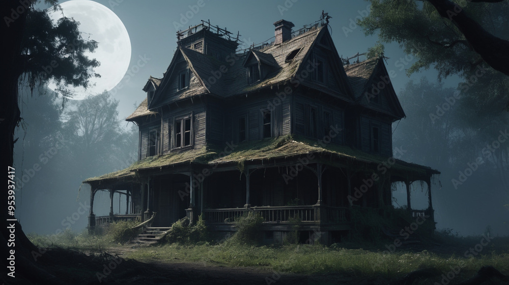 An old, abandoned haunted house is nestled deep within a dark ...