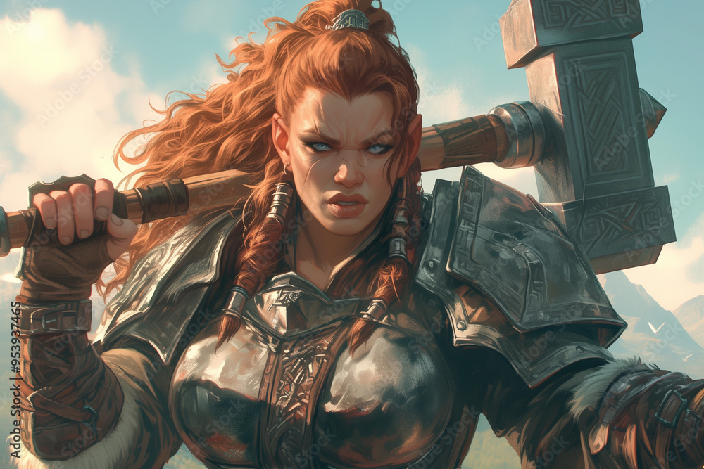 dwarf female warrior with red hair and war hammer in metal armor, portrait capturing fierce ...