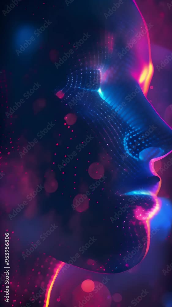 Neon glowing profile of a futuristic humanoid with digital patterns on ...