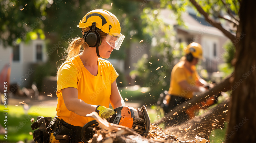 The image shows a female arborist wearing a yellow helmet and yellow ...