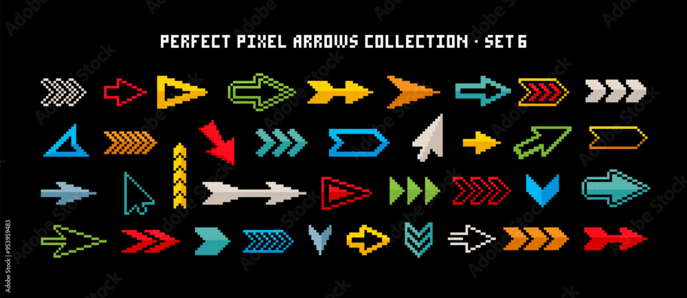Colorful Pixel Arrow icons and Pointer signs in 8-bit retro game style ...
