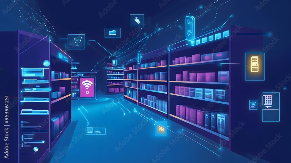 Innovative graphic depicting IoT powered smart shelves that utilize sensors data analytics and ...