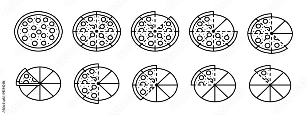Pizza slice circle segmentation outline icon set. Piece of pizza pie ...