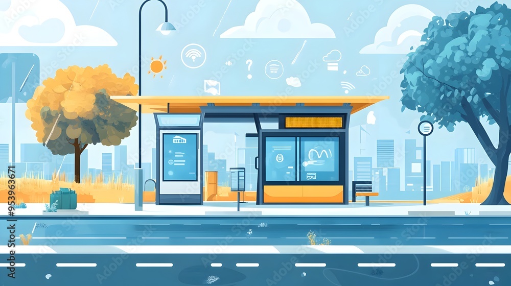 A graphic depicting an IoT integrated smart bus stop featuring a ...