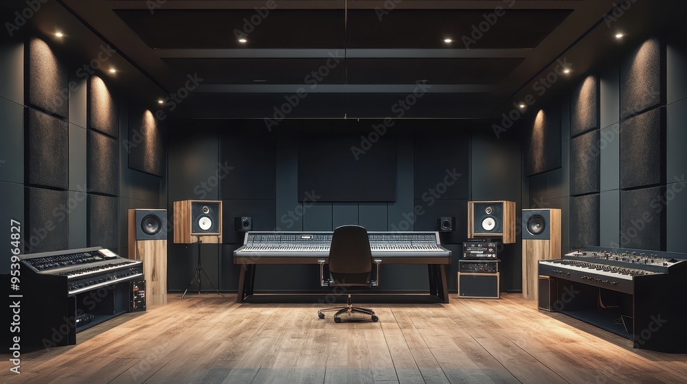 Modern music recording studio with mixing console, synthesizers ...
