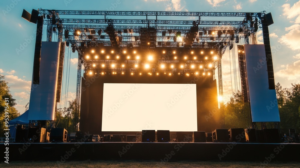 Stage modern rigging large outdoor concert with beam lights, sound ...