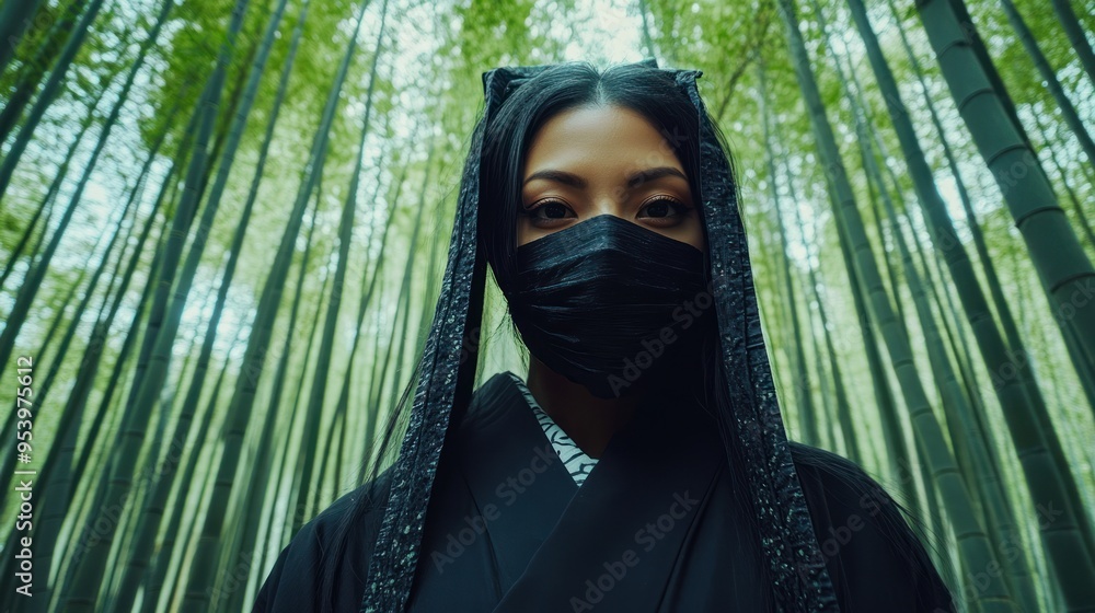 Traditional woman ninja custom with face mask in bamboo forest ...