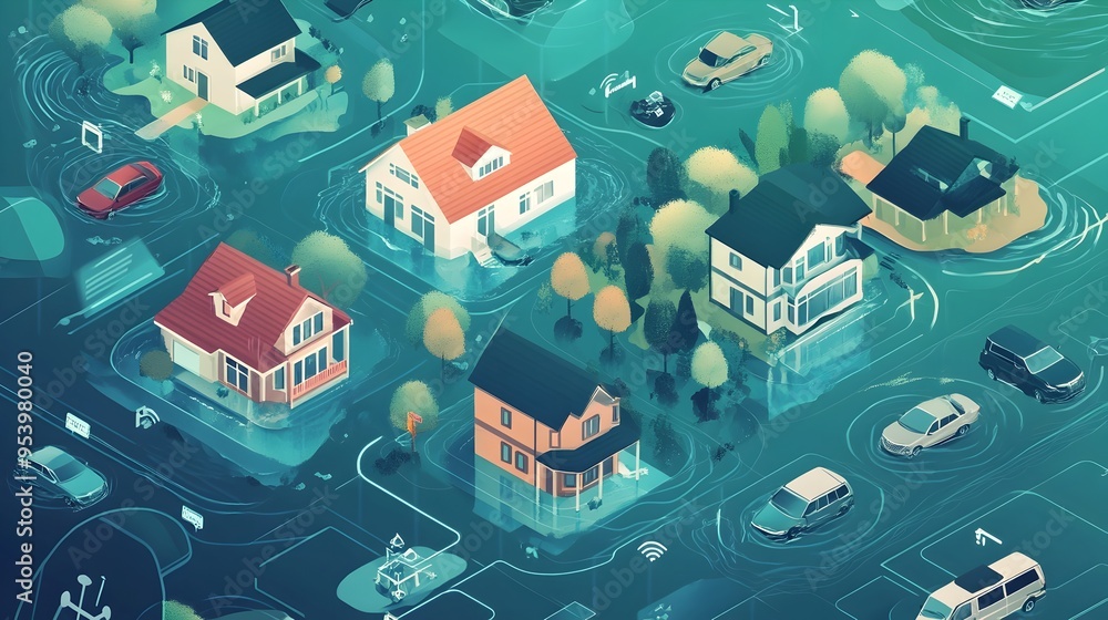 Innovative graphic showcasing IoT connected evacuation route planning ...