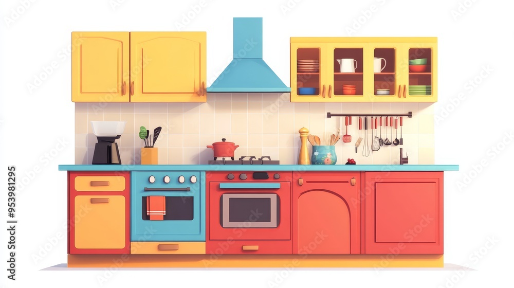 A cheerful and vibrant 3D cartoon kitchen cabinet set, complete with a ...