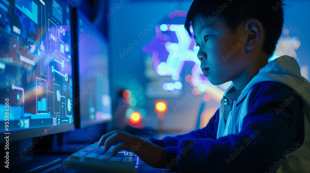 School student working on computer using AI artificial intelligence ...