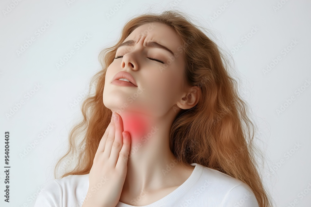 European woman with neck pain. Concept of sore throat, pharyngitis ...