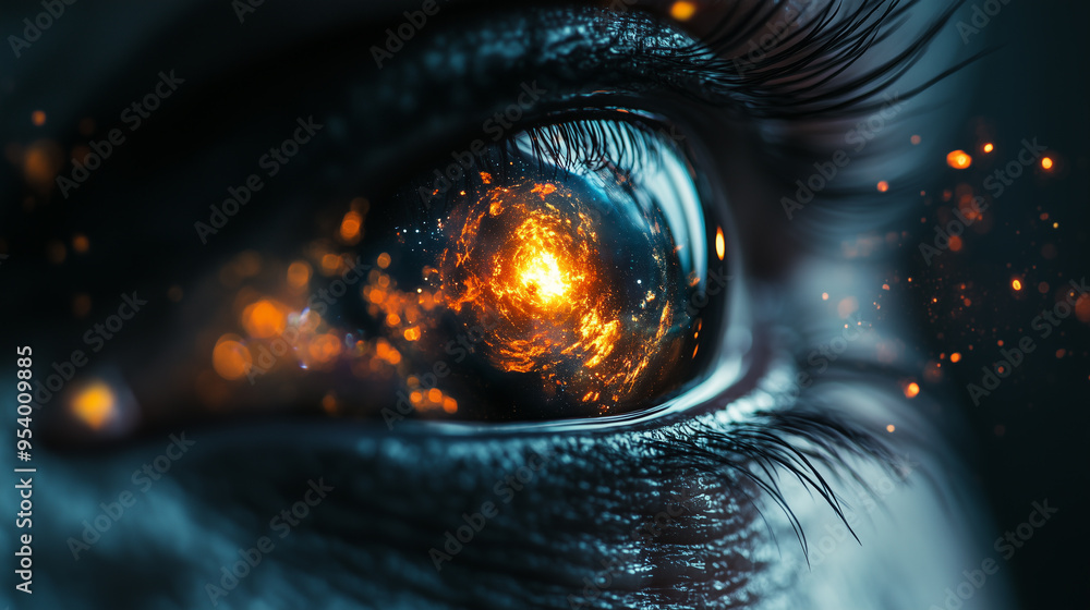 A close-up of an eye with a fiery, cosmic reflection, symbolizing ...