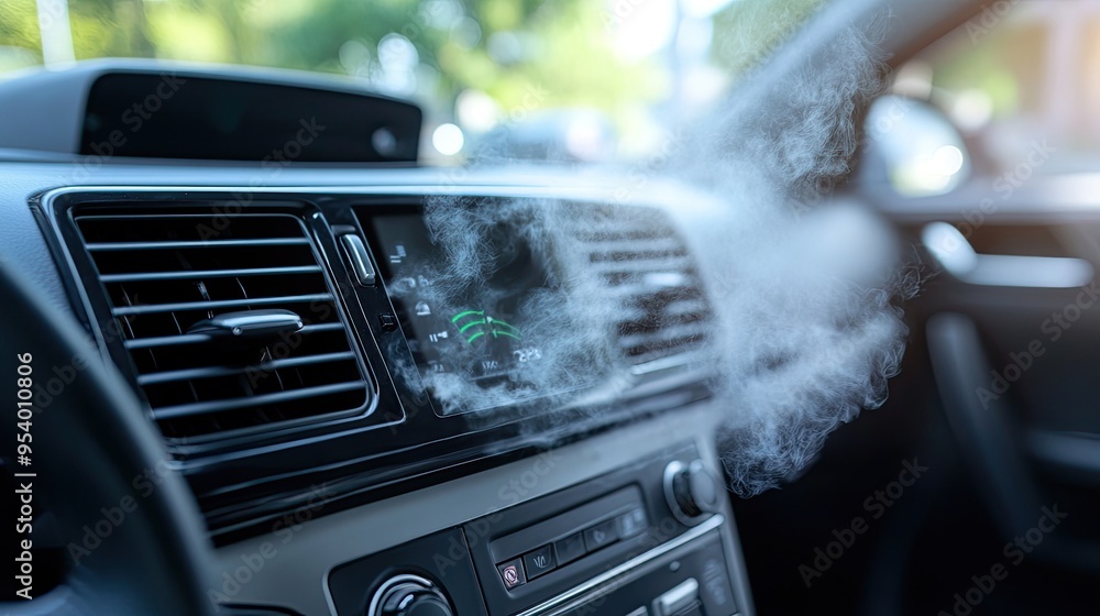 Smoke billows from car's AC vent. This image depicts a car interior ...
