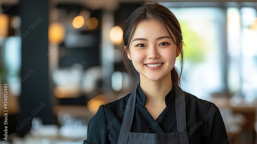 Beautiful female restaurant worker wearing black shirt and black apron ...