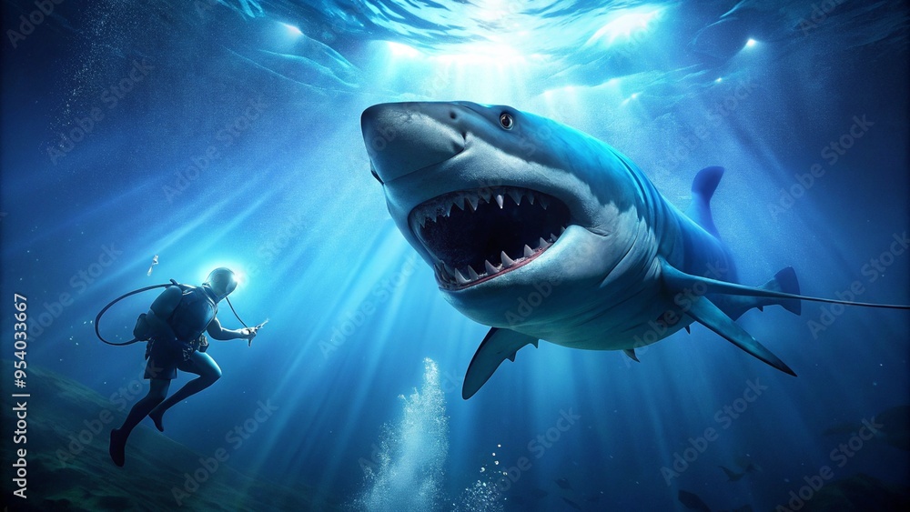 Realistic illustration of a shark from the middle part of the body to ...