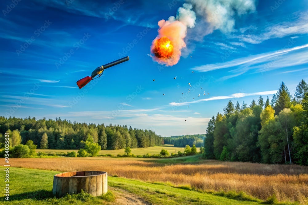Clay target explodes in mid-air as a shotgun shell hits it, amidst a ...