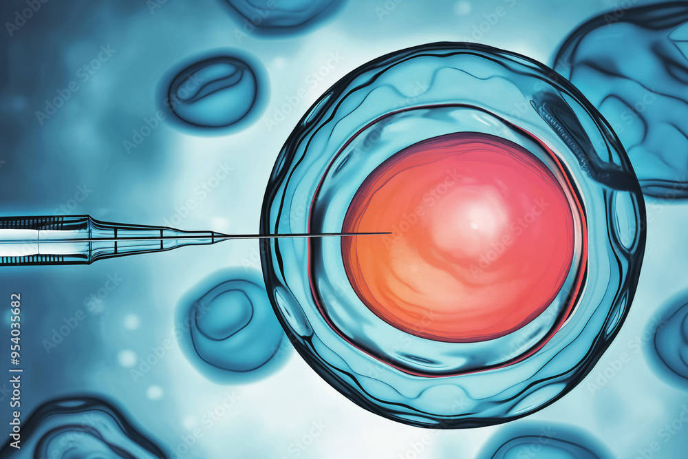 Medical needle injection into human egg cell microscopy detail, IVF In ...