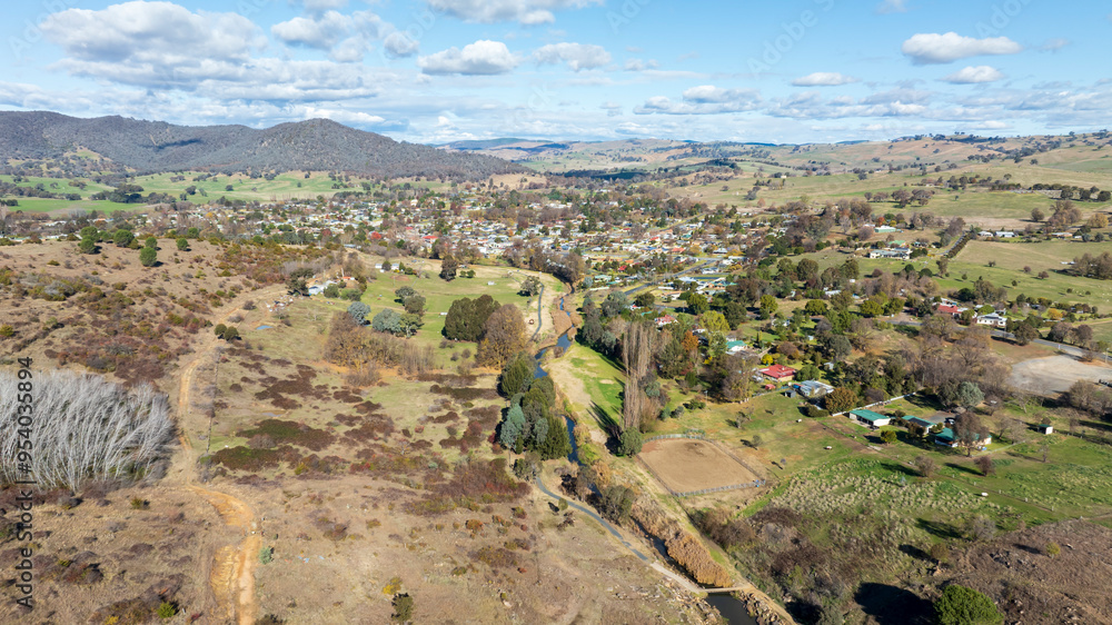 Drone aerial photograph of the regional town of Adelong in the Snowy ...