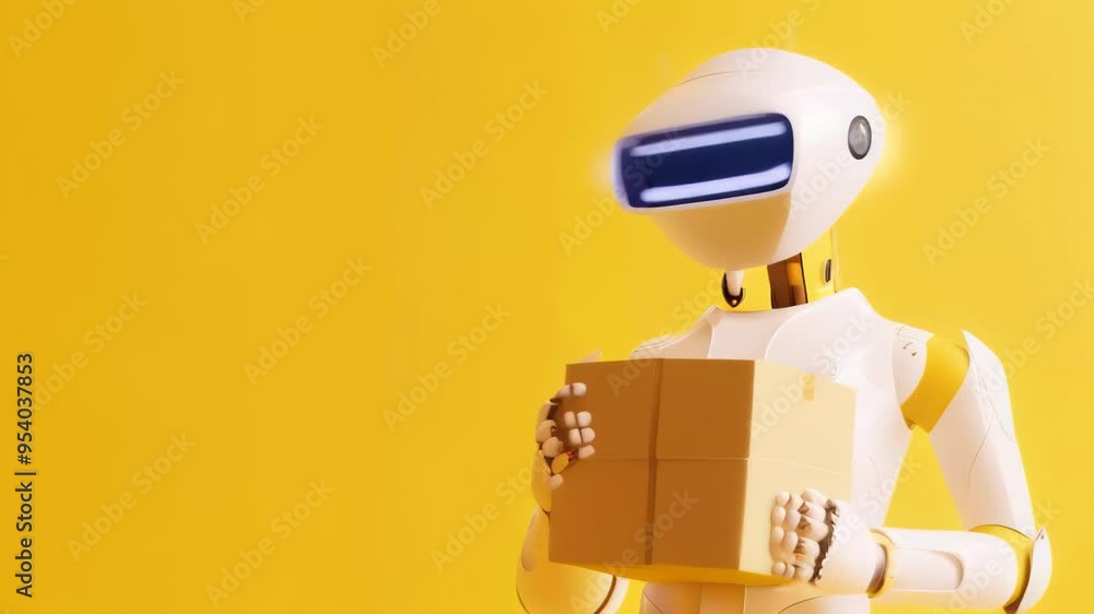 Humanoid robot holding a package against a bright yellow background ...