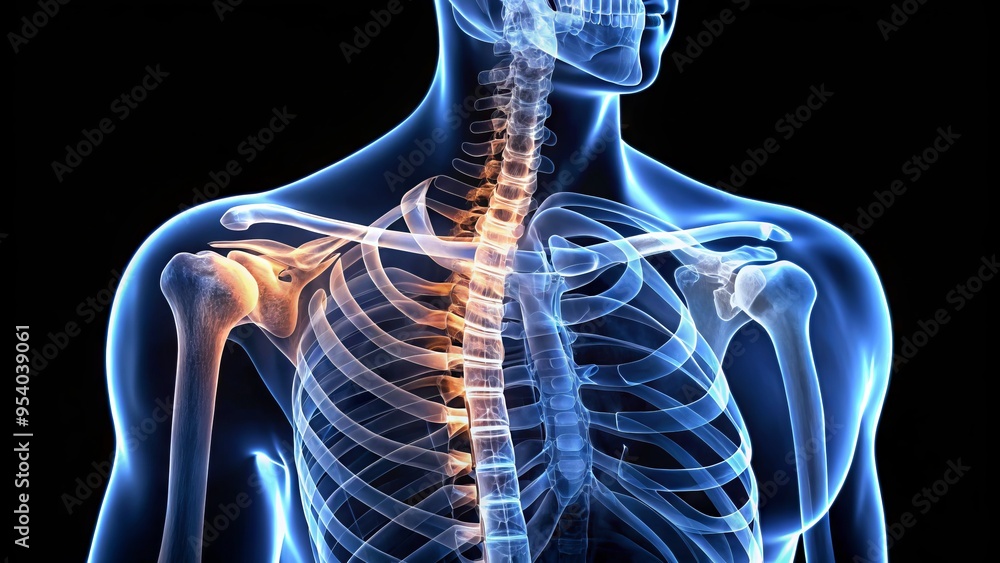 Close-up of a human shoulder bone structure revealed through a detailed ...