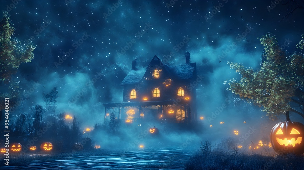 Haunted house under a starry night sky with glowing pumpkins flickering ...