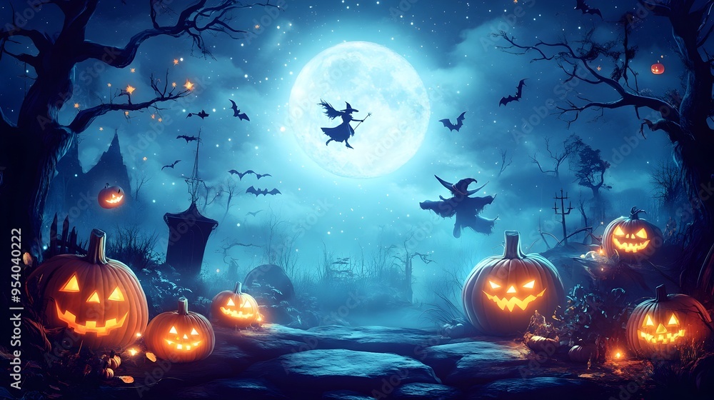 Mystical Halloween night scene with twinkling stars glowing pumpkins ...