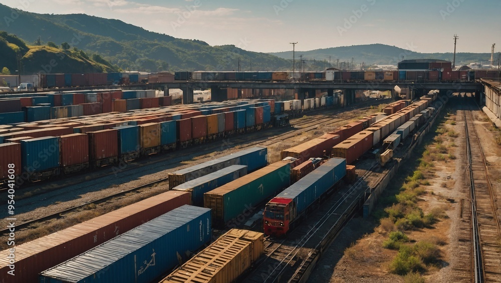 Busy railway freight terminal with trains actively being loaded and ...