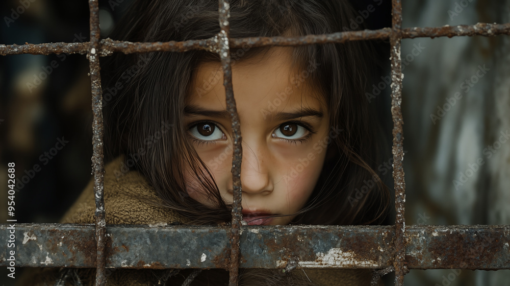 Portrait of a sad little girl behind a rusty fence. Concentration on ...