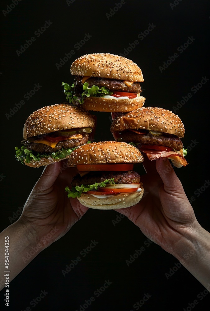 Five delicious burgers stacked high in hands. Each burger has fresh ...