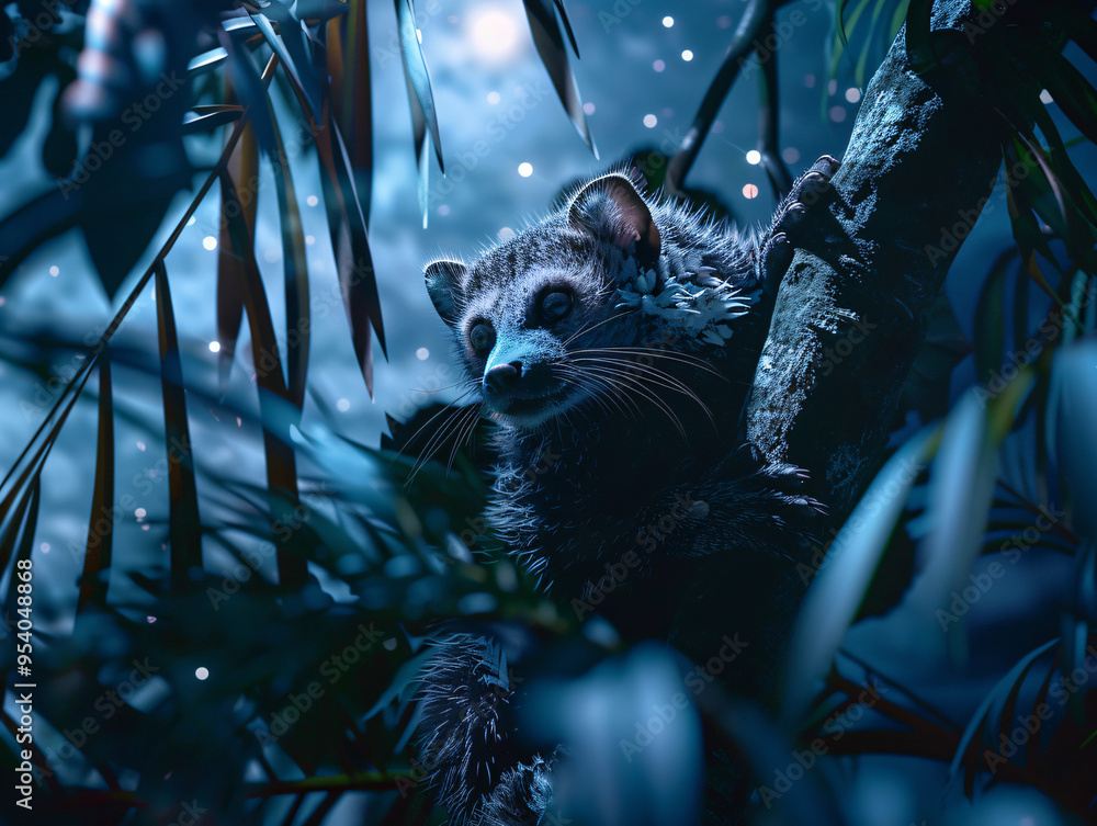 African Palm Civet climbing a tree at night, with stars twinkling in ...