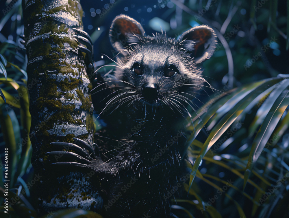 African Palm Civet climbing a tree at night, with stars twinkling in ...