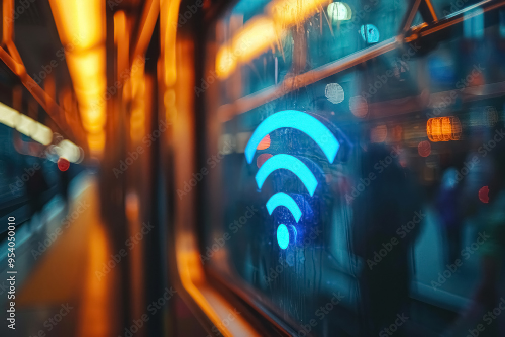 Wi-Fi icon on the window of the carriage on defocused background inside ...