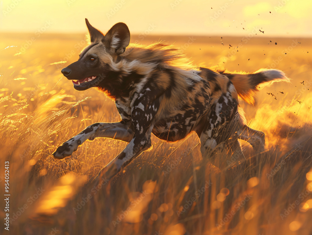 African Wild Dog running across a savannah landscape, the pack visible ...