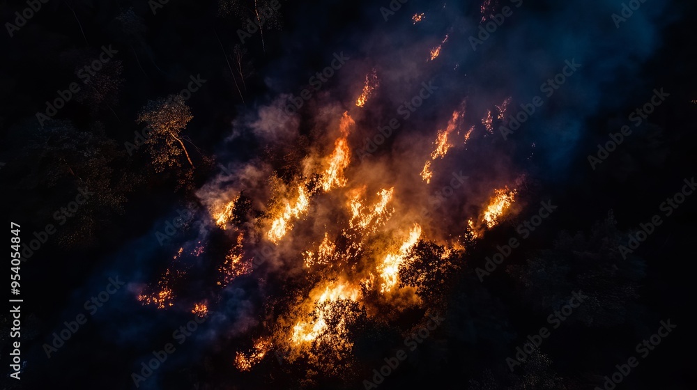 An epic aerial photo capturing a night fire in the forest, with flames ...