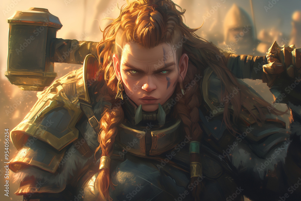 fierce dwarven female warrior gripping a massive war hammer with scars ...