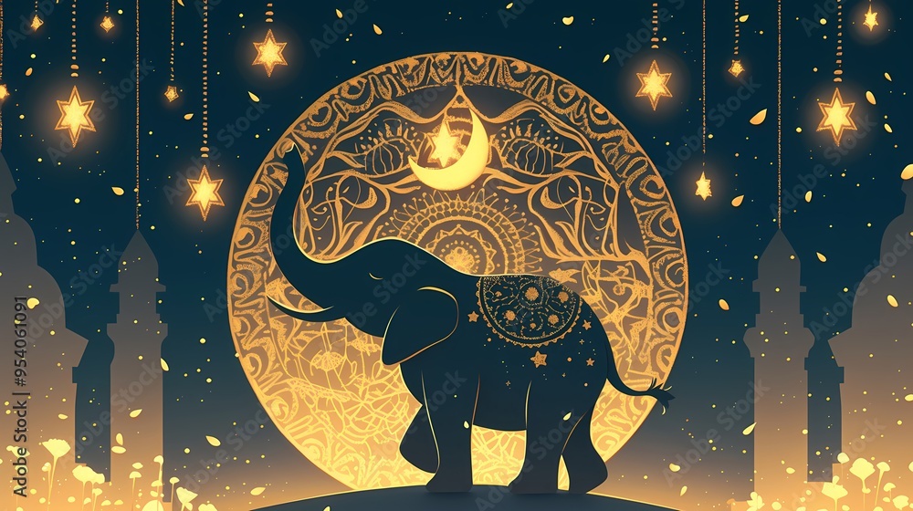 Gold Indian elephant with golden ornament and stars on black background ...