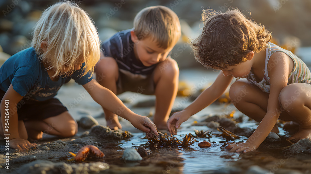 Children exploring a tide pool at the beach discovering sea creatures ...
