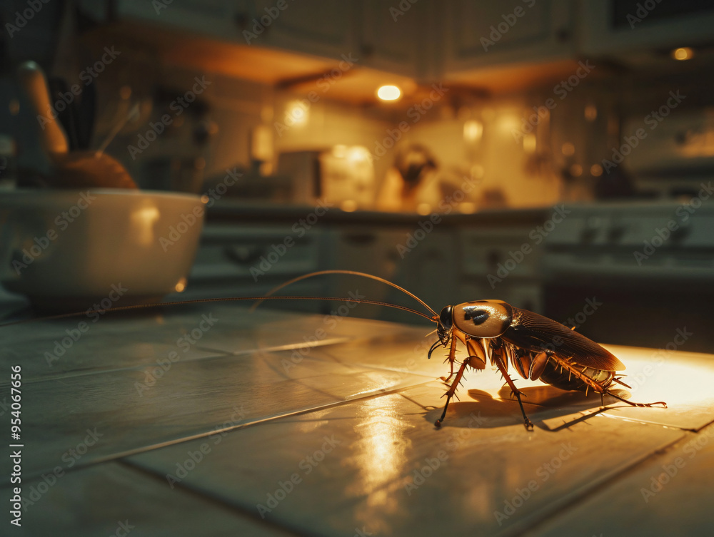 American Cockroach crawling on a kitchen countertop under dim lighting ...