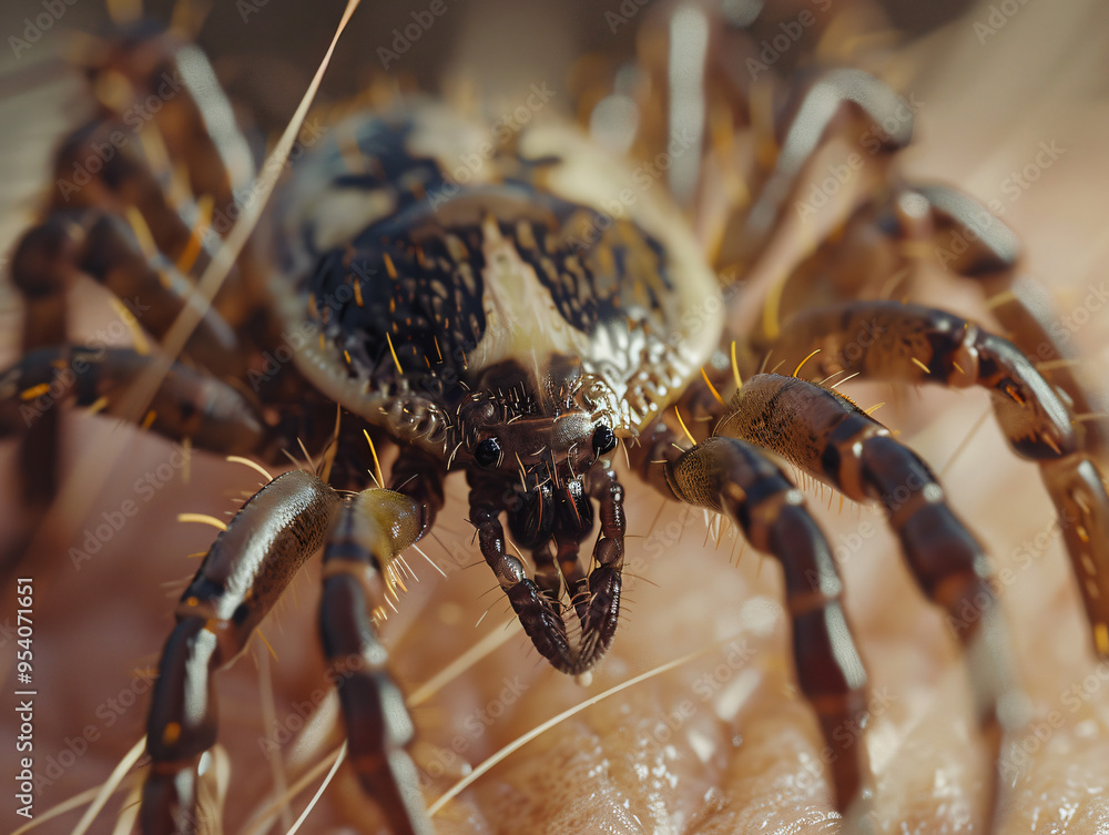 American Dog Tick close-up on human skin, showing detailed textures of ...